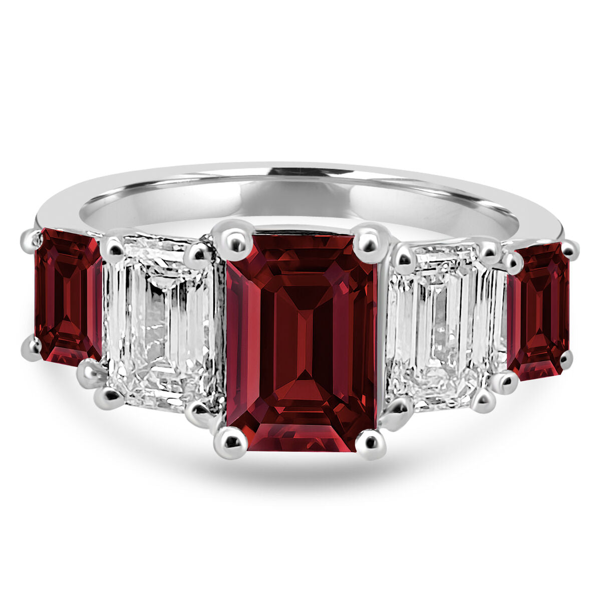 Platinum Five Stone Graduated Emerald Cut Ruby & Diamond Claw Set Ring – TB Mitchell
